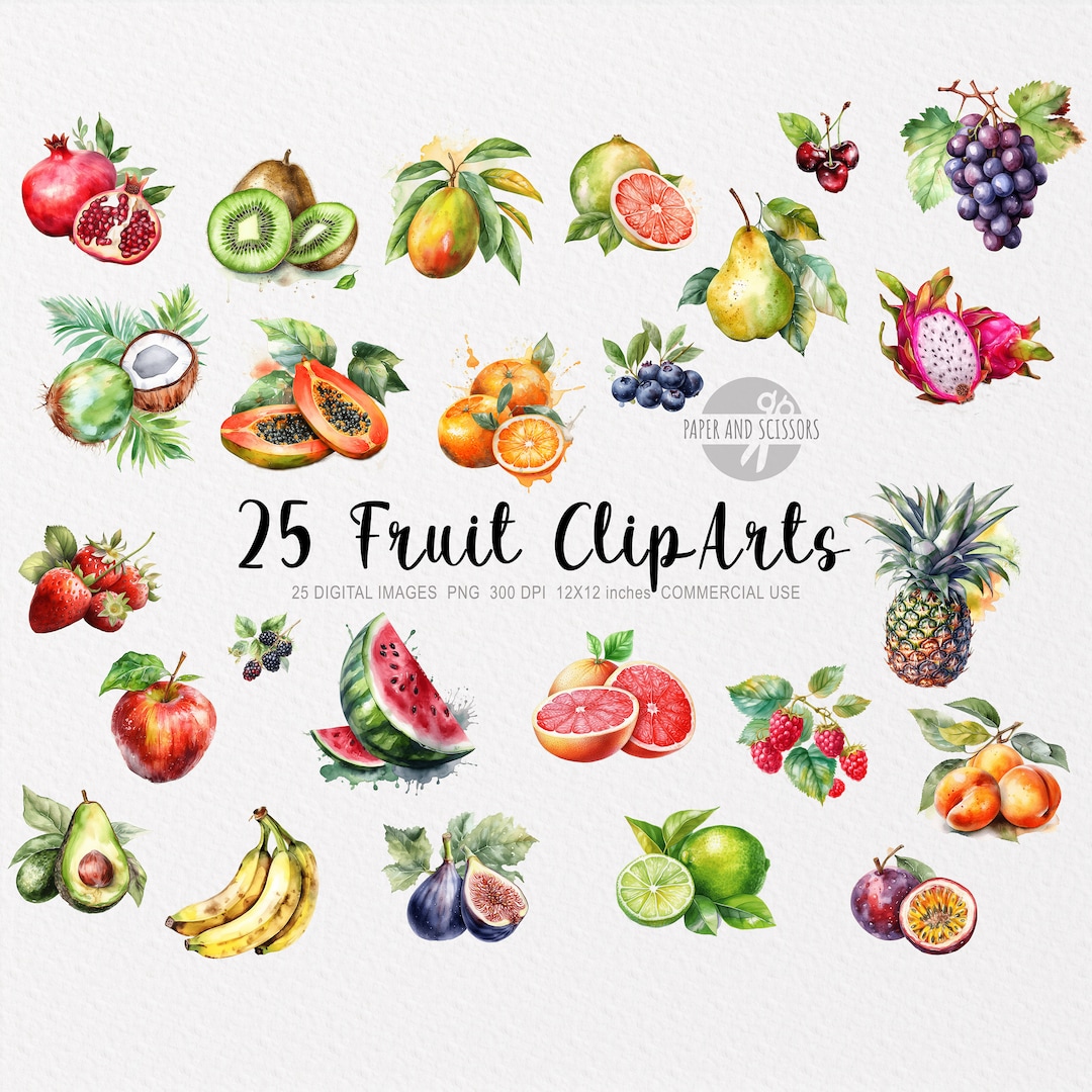 25 Watercolor Fruits Clipart, Fruit PNG, Fruit Illustration, Watercolor ...