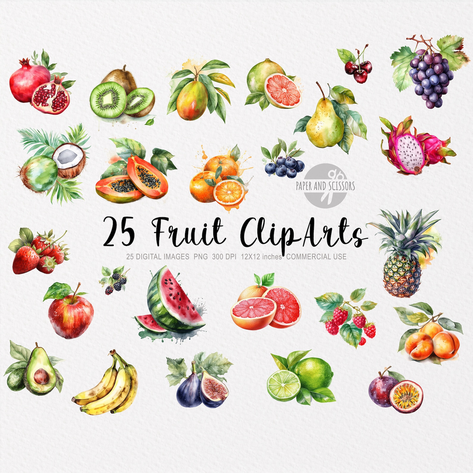 25 Watercolor Fruits Clipart, Fruit PNG, Fruit Illustration, Watercolor ...