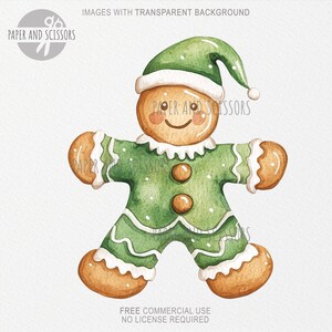 10 Gingerbread Man Elf Cliparts, Cookie Clipart, Cute Watercolor Green ...