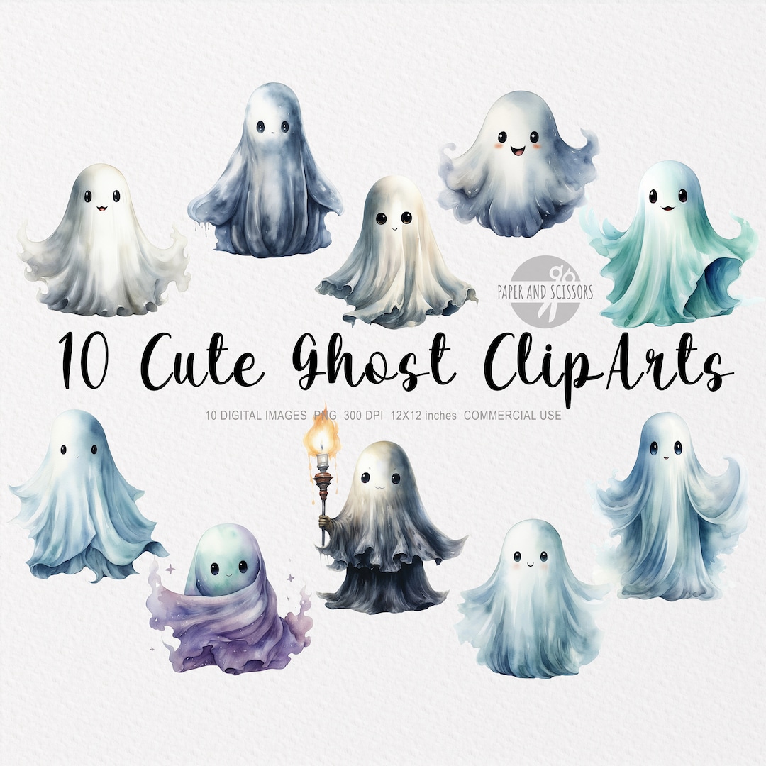 10 Cute Ghost Clipart, Watercolor Ghost PNG, Halloween Clipart ...