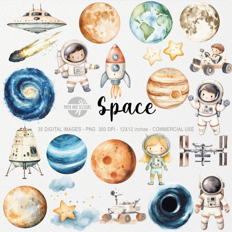 35 Cute Space Clipart, Watercolor Storybook, Night Sky Nursery, Planets ...