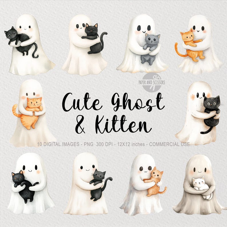 10 Ghost & Cat Clipart Set, Cute Ghost Hugging PNG, Spooky Halloween ...