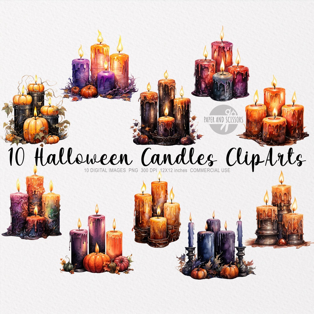 10 Halloween Candles Clipart, Watercolor Halloween Candles PNG ...