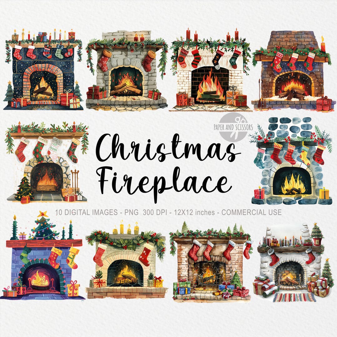 10 Christmas Fireplace Clipart, Christmas Stocking PNG, Watercolor ...