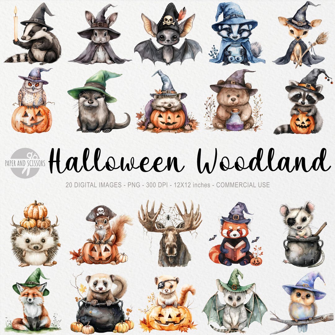 20 Halloween Woodland Animal Cliparts PNG, Cute Halloween Decor, Fall ...