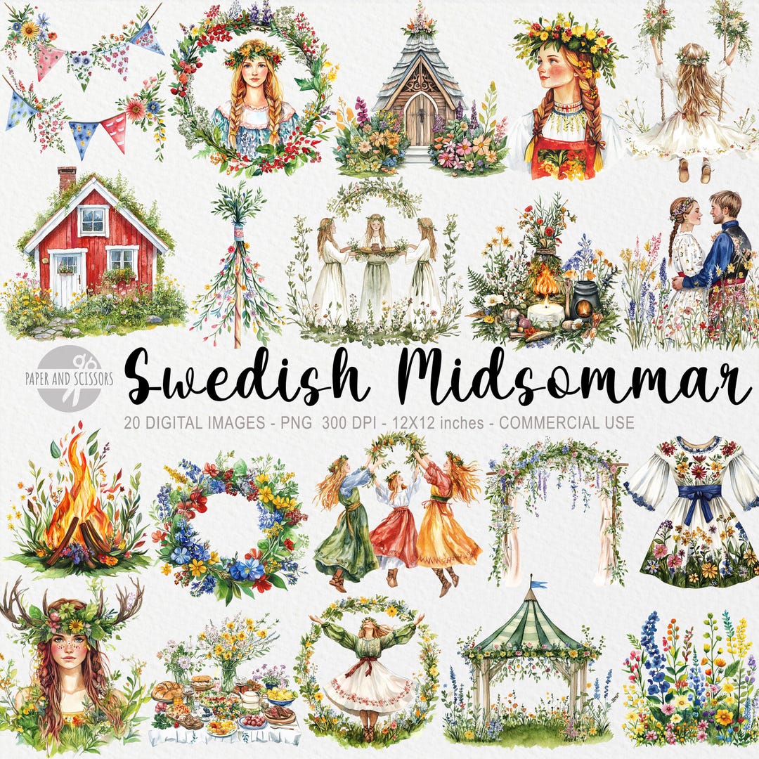 20 Swedish Midsommar Cliparts, Scandinavian PNG, Hygge Art, Watercolor ...