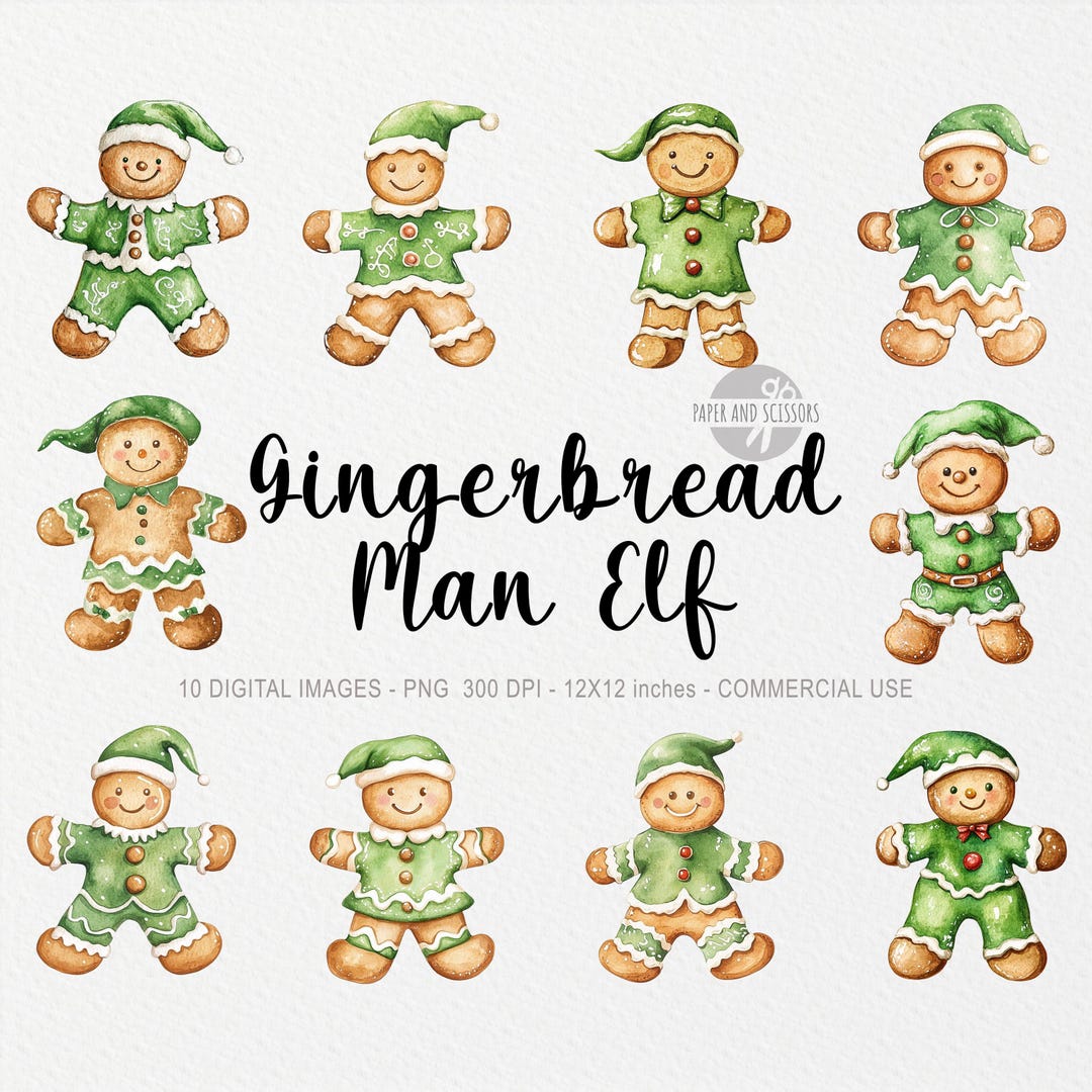 10 Gingerbread Man Elf Cliparts, Cookie Clipart, Cute Watercolor Green ...