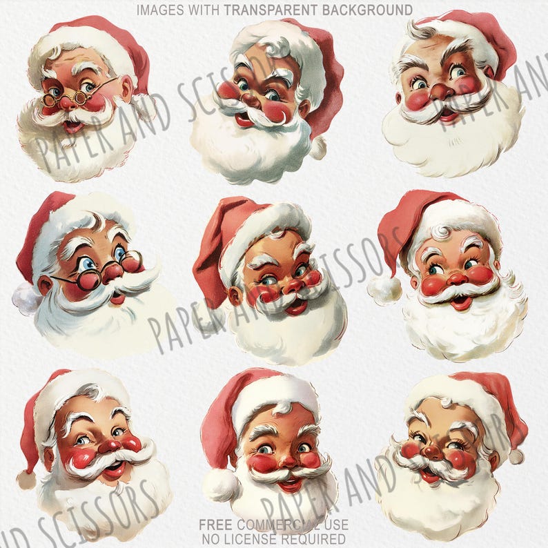 30 Retro Santa Head Cliparts, Digital Download PNG, Transparent ...