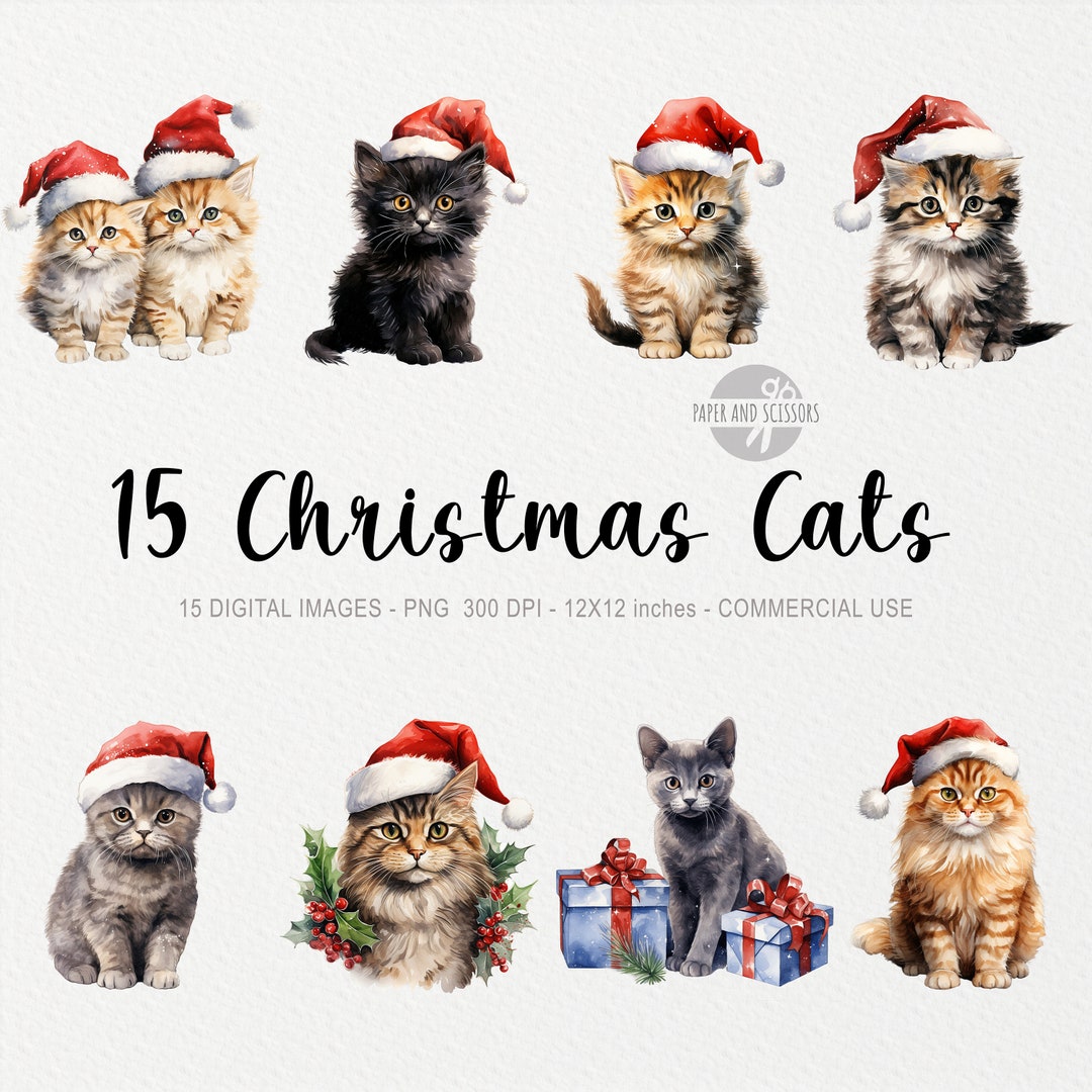 15 Christmas Cats Clipart, Watercolor Cat PNG, Kitten PNG, Christmas ...
