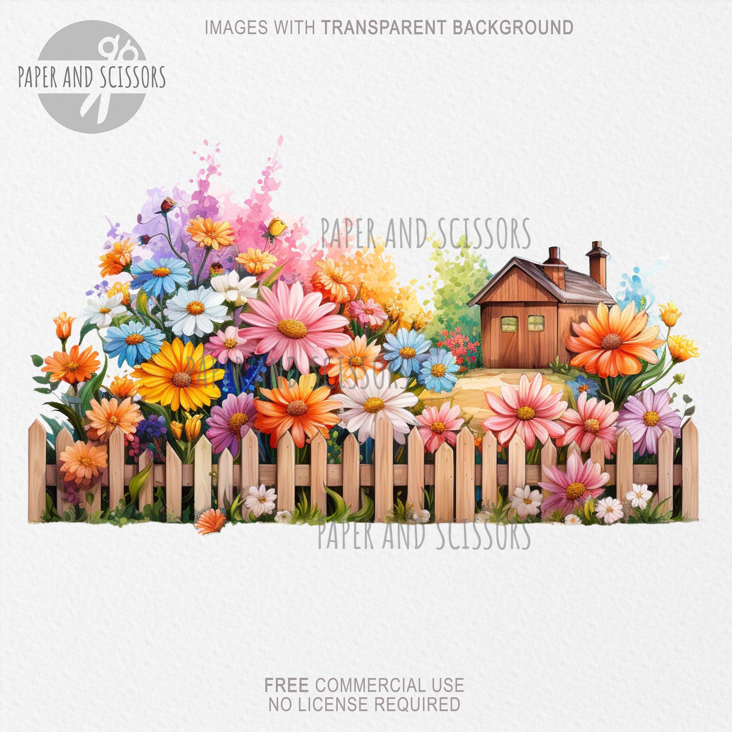 10 Spring Fence Cliparts, Fence PNG, Flowers Illustration, Watercolor ...