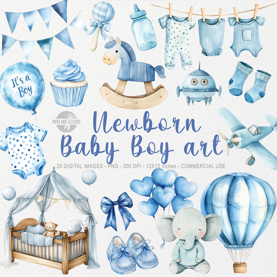 35 Newborn Baby Boy Blue Watercolor Clipart, Nursery PNG, Baby Shower ...