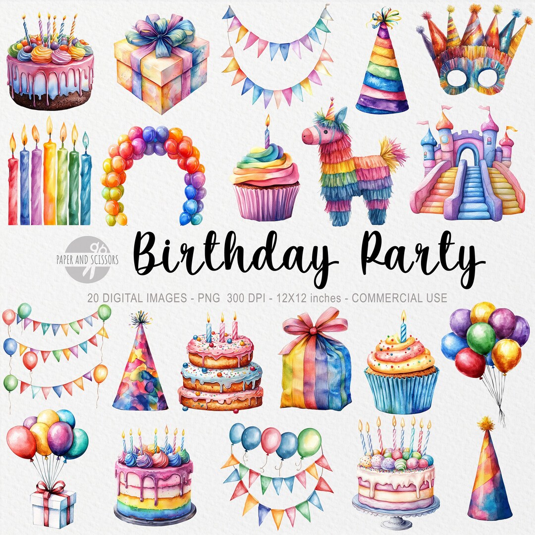 20 Birthday Party Cliparts, Watercolor PNG, Happy Birthday Bundle ...
