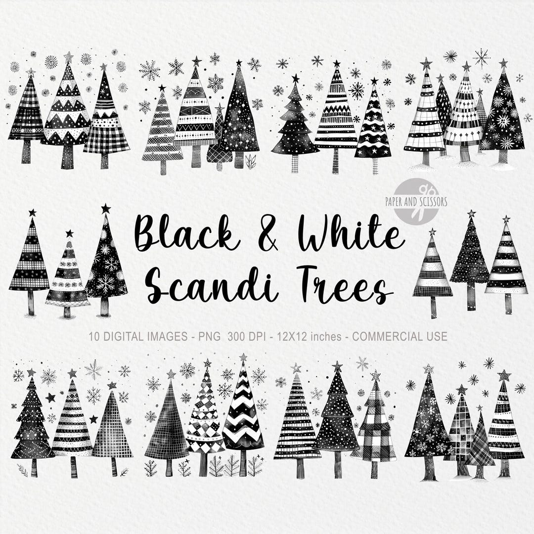 10 Black & White Scandi Tree Cliparts, Vintage Christmas, Winter Decor, Antique, Old Fashioned ...