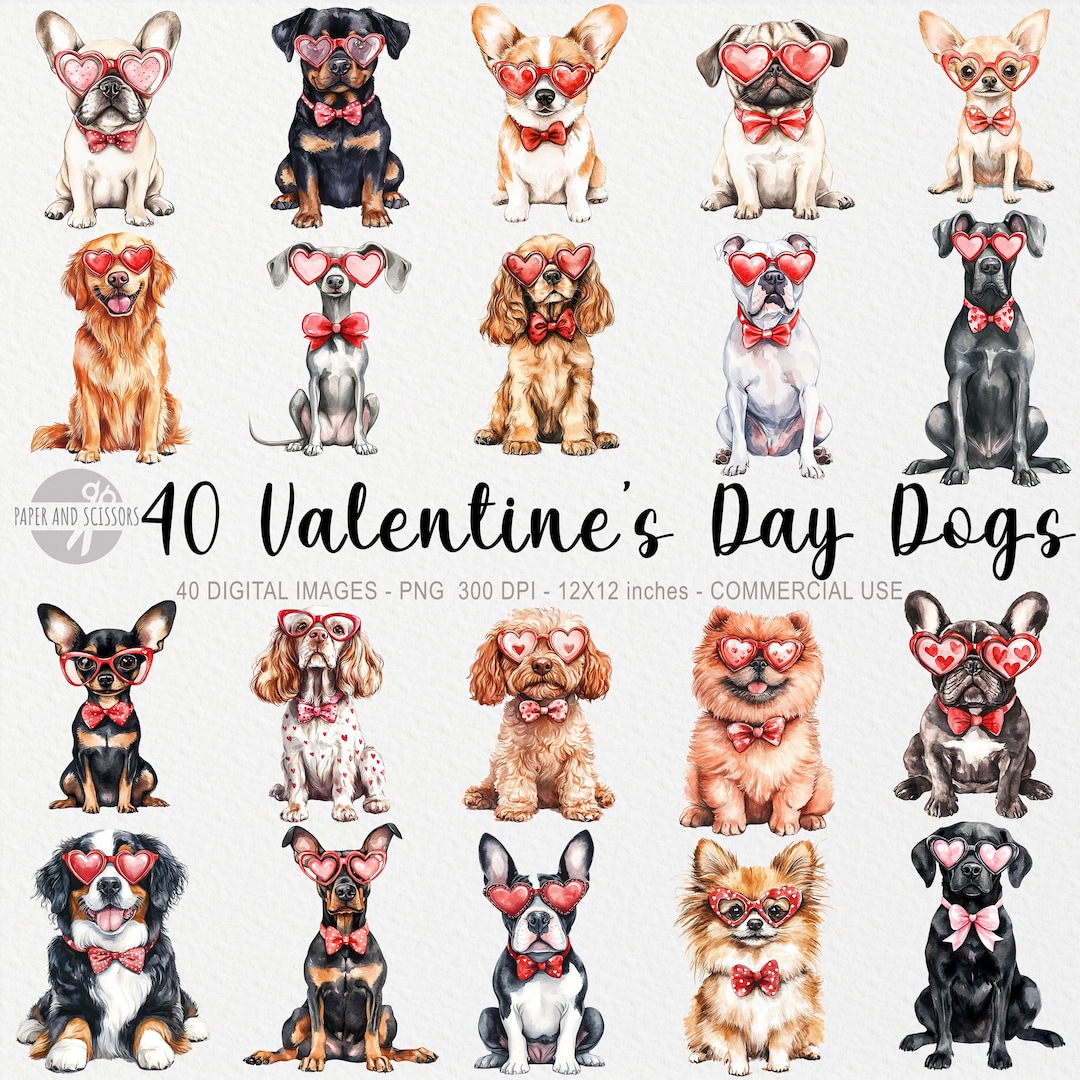 40 Valentine's Day Dog Cliparts, Watercolor Clipart, Puppy Love PNG ...