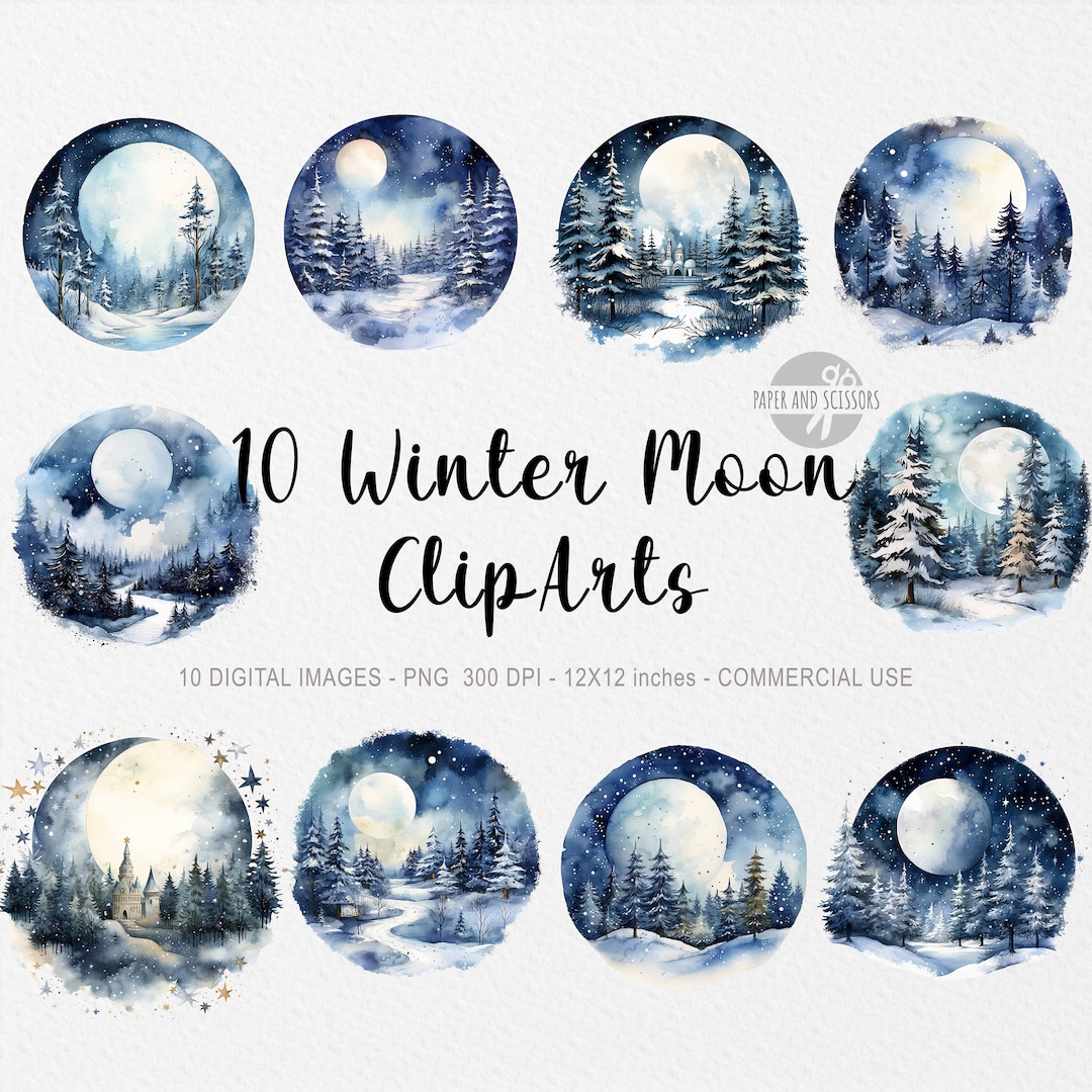 10 Winter Moon Cliparts, Moon PNG, Moon Illustration, Watercolor Moon ...