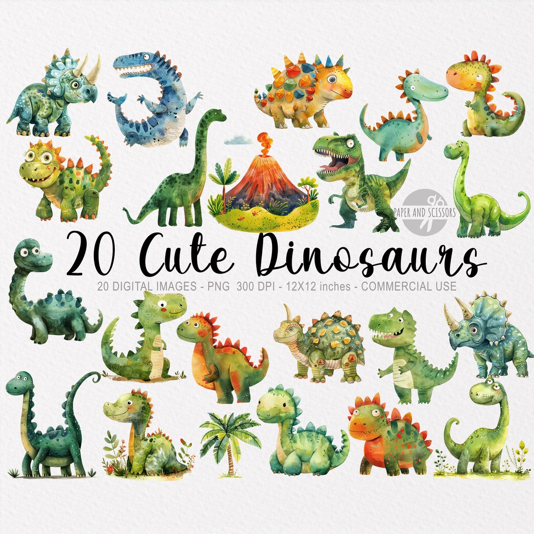 20 Cute Dinosaur Cliparts, T-rex Watercolor PNG, Baby Shower Wall Art ...
