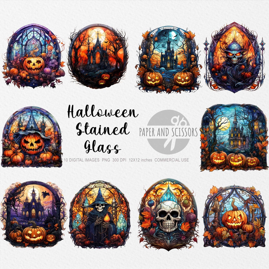 10 Halloween Stained Glass Cliparts, Watercolor Halloween Stained Glass ...