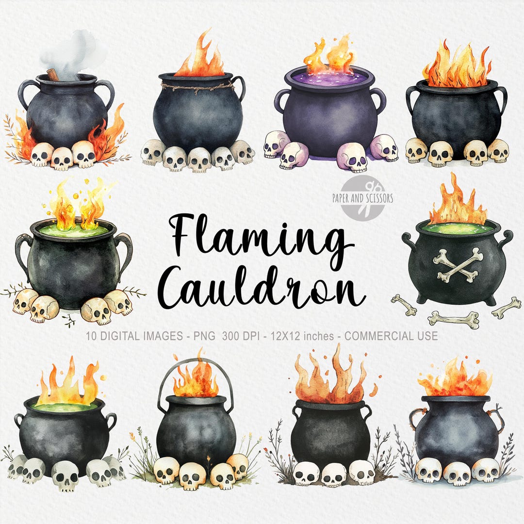 10 Flaming Cauldron Clipart, Skull PNG, Spooky Decor, Candle Stickers ...