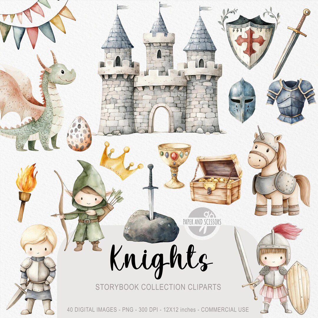 40 Cute Knight Clipart, Watercolor Kingdom Storybook, Prince Princess ...