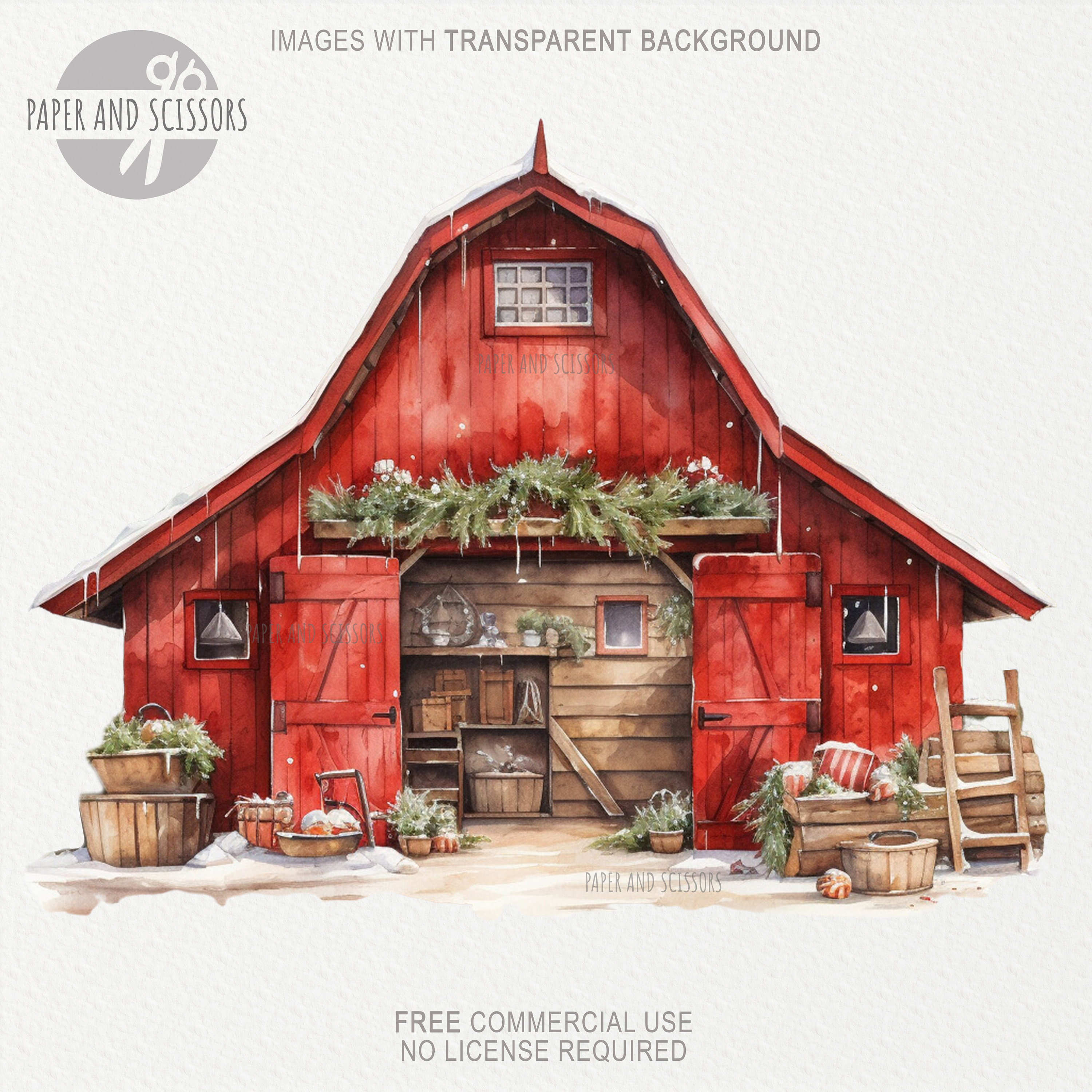 15 Farmhouse Christmas Clipart, Watercolor Farm PNG, Christmas Bundle ...