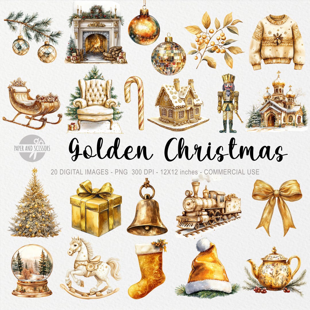 20 Gold Christmas Cliparts, Holiday PNG, Golden Celebration, Winter ...