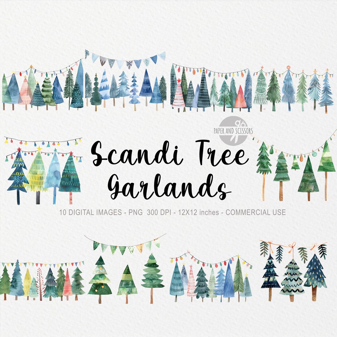 10 Scandi Tree Garland Cliparts, Nordic PNG Decor, Watercolor Christmas ...