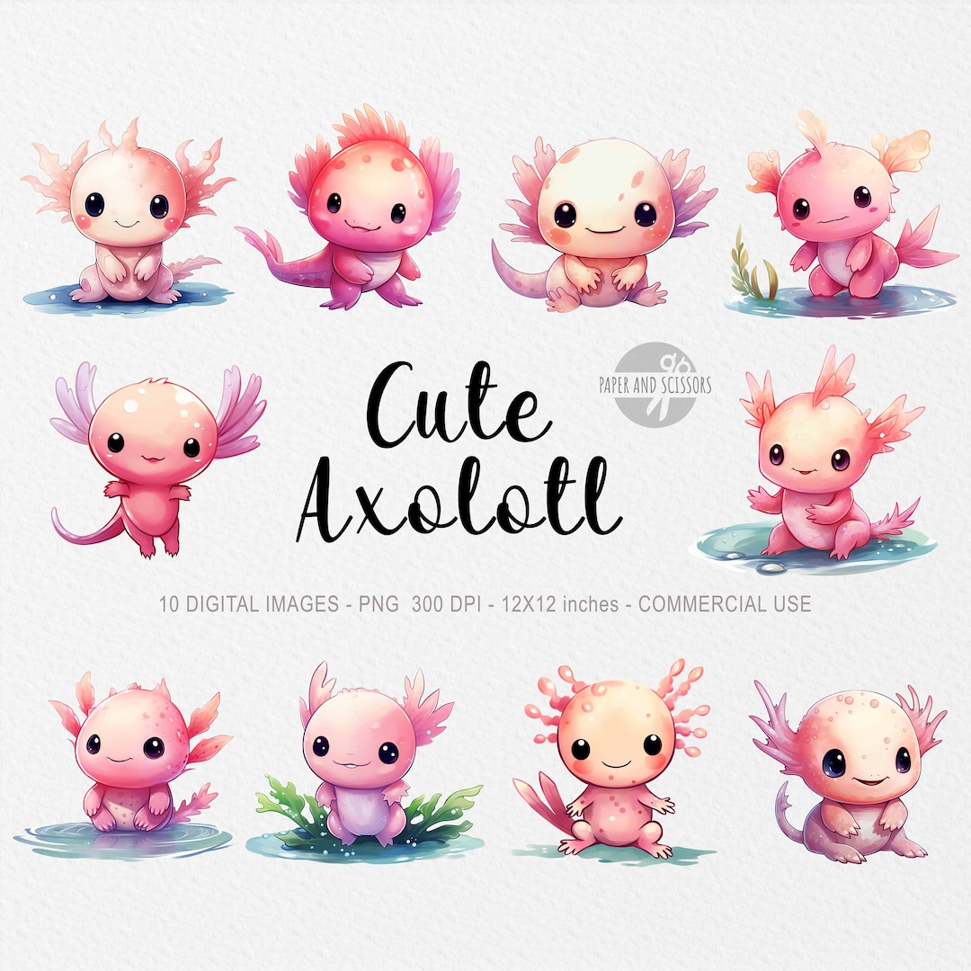 10 Cute Axolotls, Watercolor Axolotl, Mexican Salamander, Baby Axolotl ...