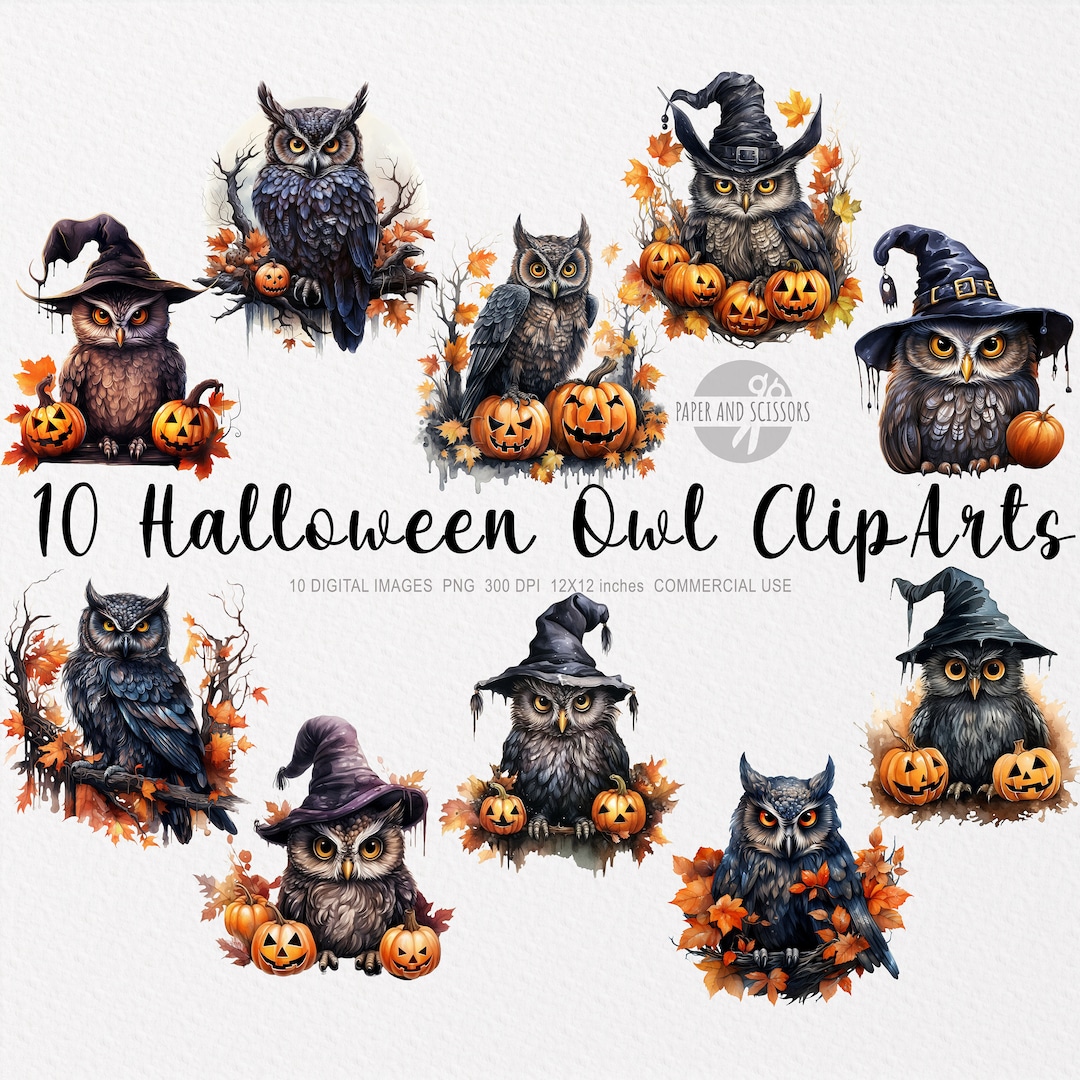 10 Halloween Owl Clipart, Watercolor Halloween Owl PNG, Halloween ...