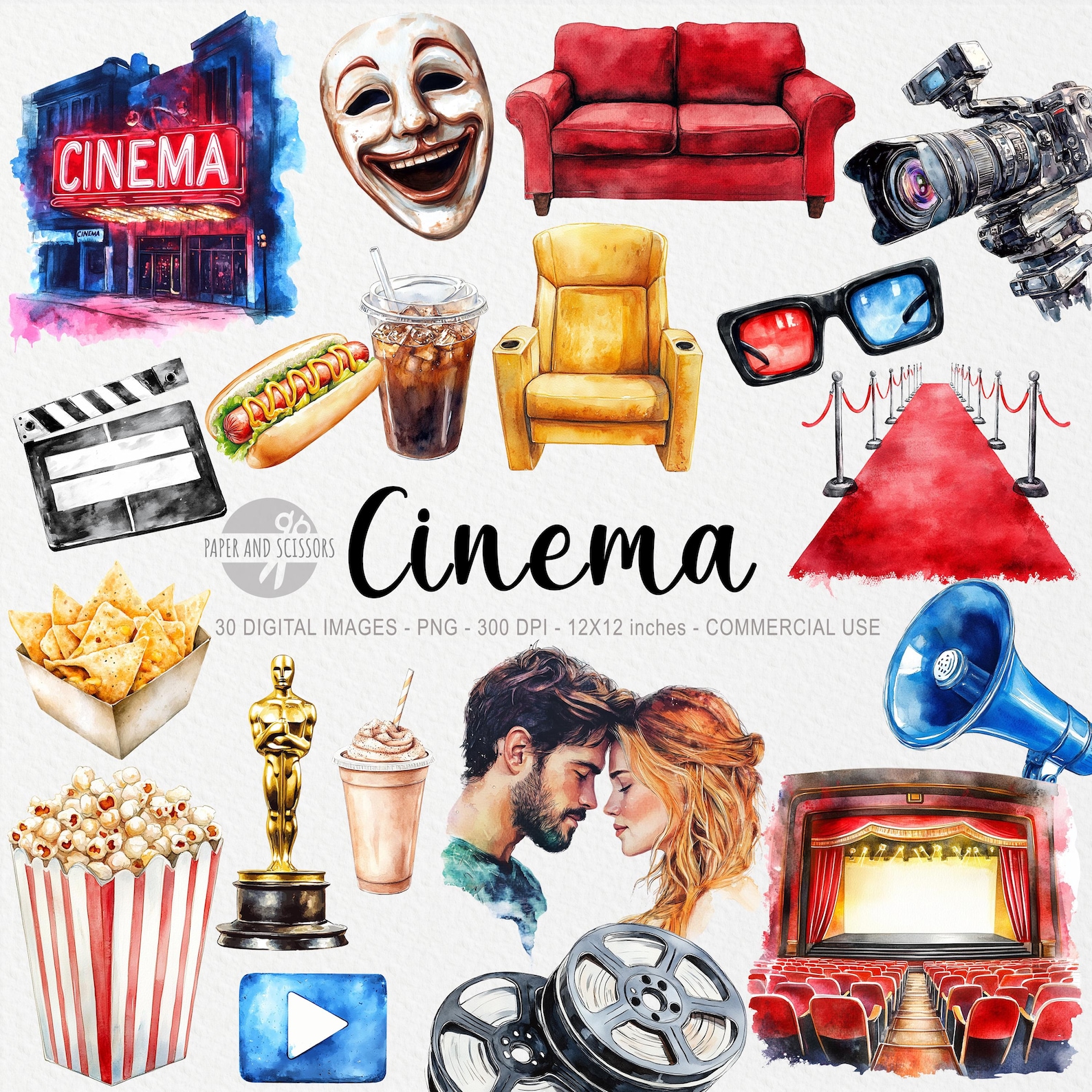 Cinema Clipart, Watercolor Movie PNG, Film Festival Clipart, Digital ...
