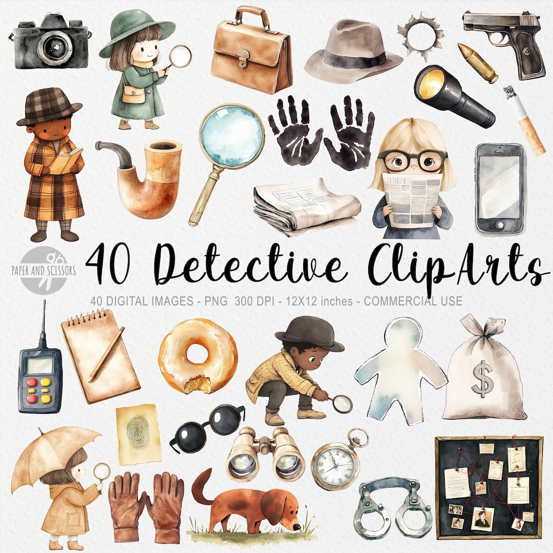 40 Cute Detective Clipart, Watercolor Storybook, Boy Nursery, Little ...