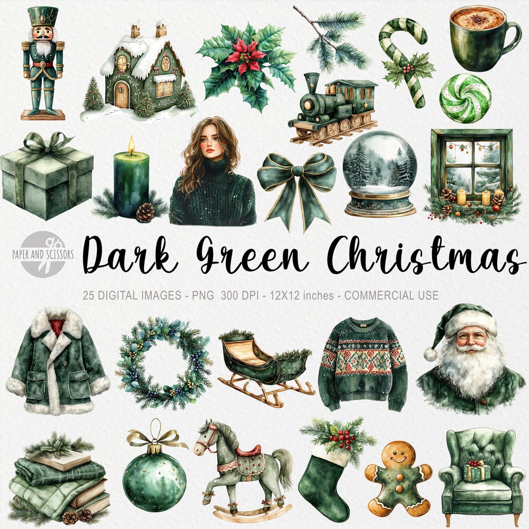 25 Dark Green Christmas Cliparts, Sage Color PNG, Cozy Holiday Eve ...