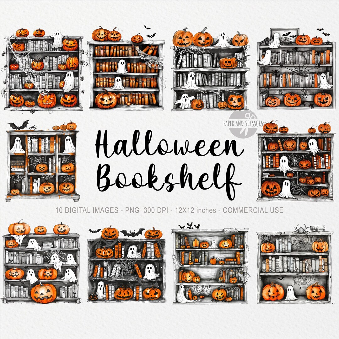 10 Halloween Bookshelf Clipart, Halloween Bookcases PNG, Library ...