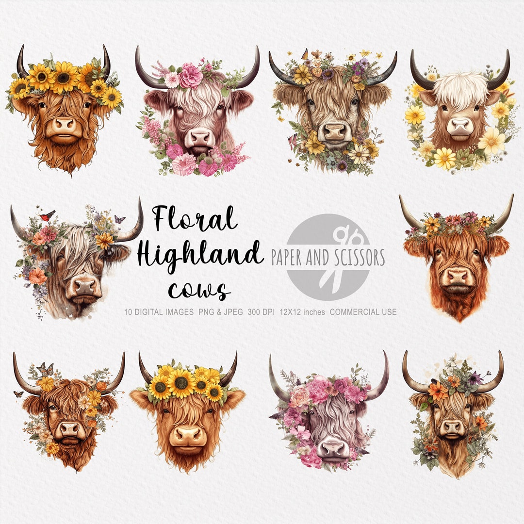 Floral Highland Cows Clipart, Cows PNG, Cow Illustration, Cow Clipart ...