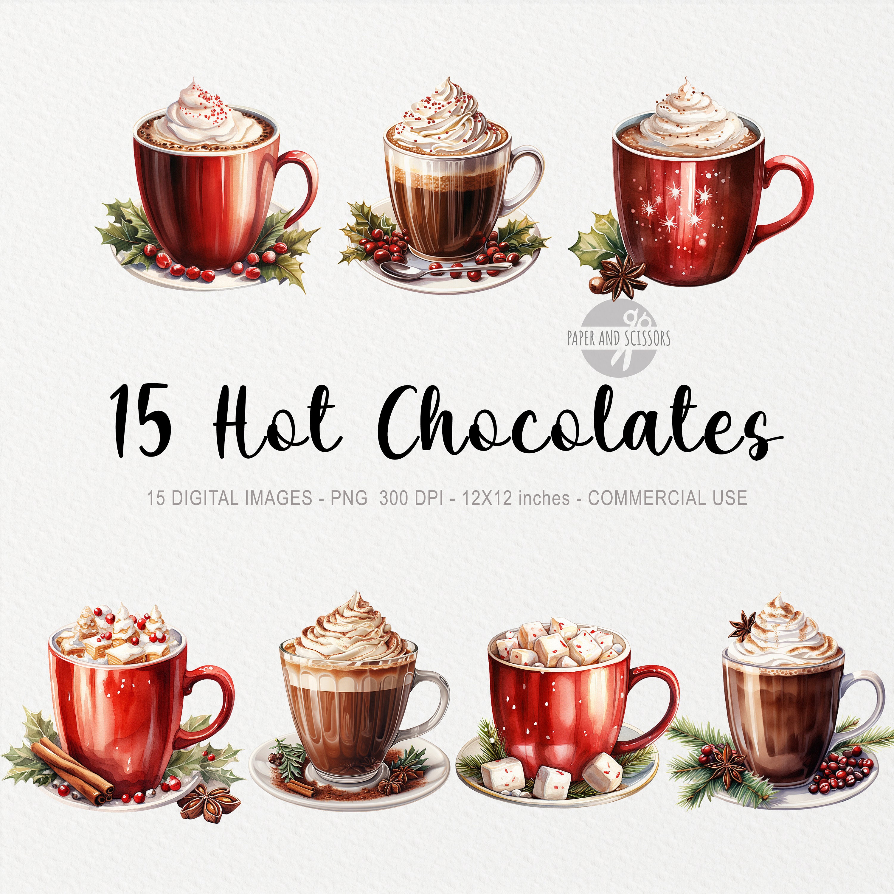 15 Hot Chocolate Clipart, Hot Chocolate PNG, Watercolor Christmas Mug ...