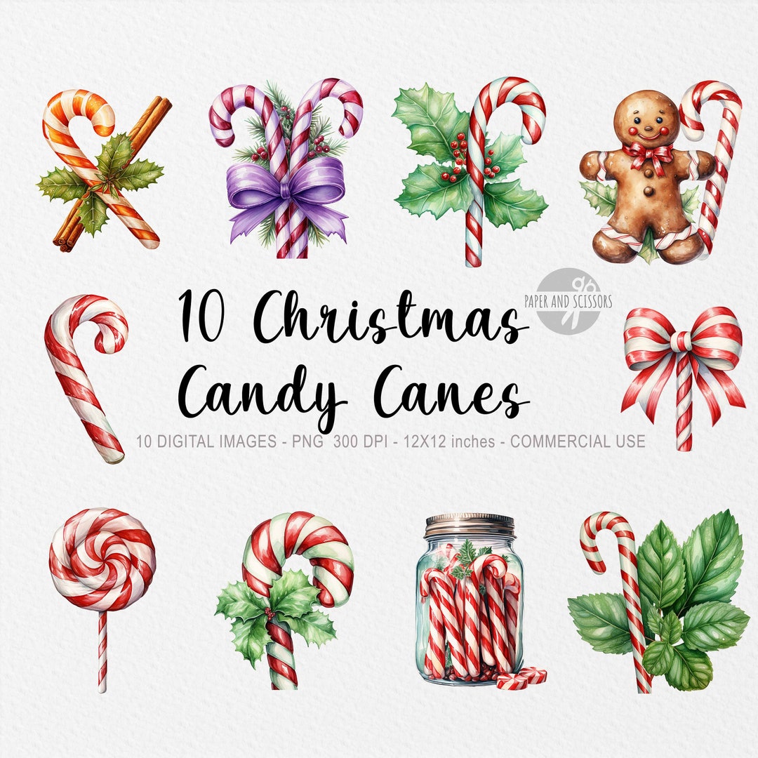 10 Christmas Candy Cane Clipart, Watercolor Candy Cane PNG, Christmas ...