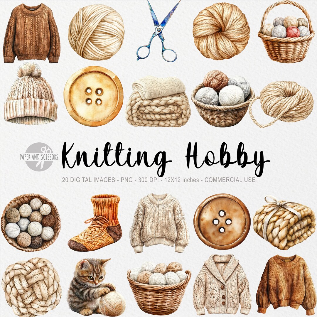 Knitting Clipart, Crochet Knit Clipart, Watercolor Yarn Ball Skein PNG ...