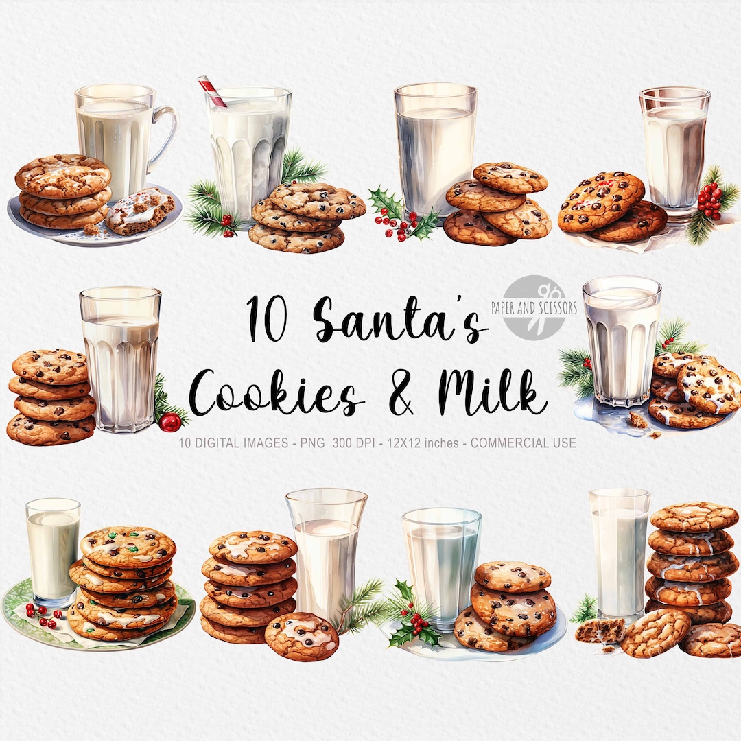 10 Santa's Cookies & Milk Clipart, Watercolor Santa's Cookies and Milk ...