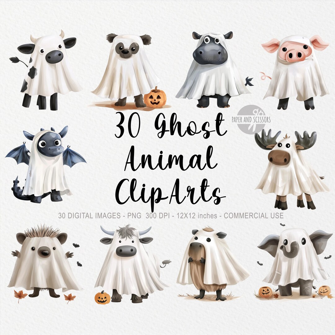 30 Ghost Animal Cliparts, Halloween PNG, Fall Design PNG, Watercolor ...