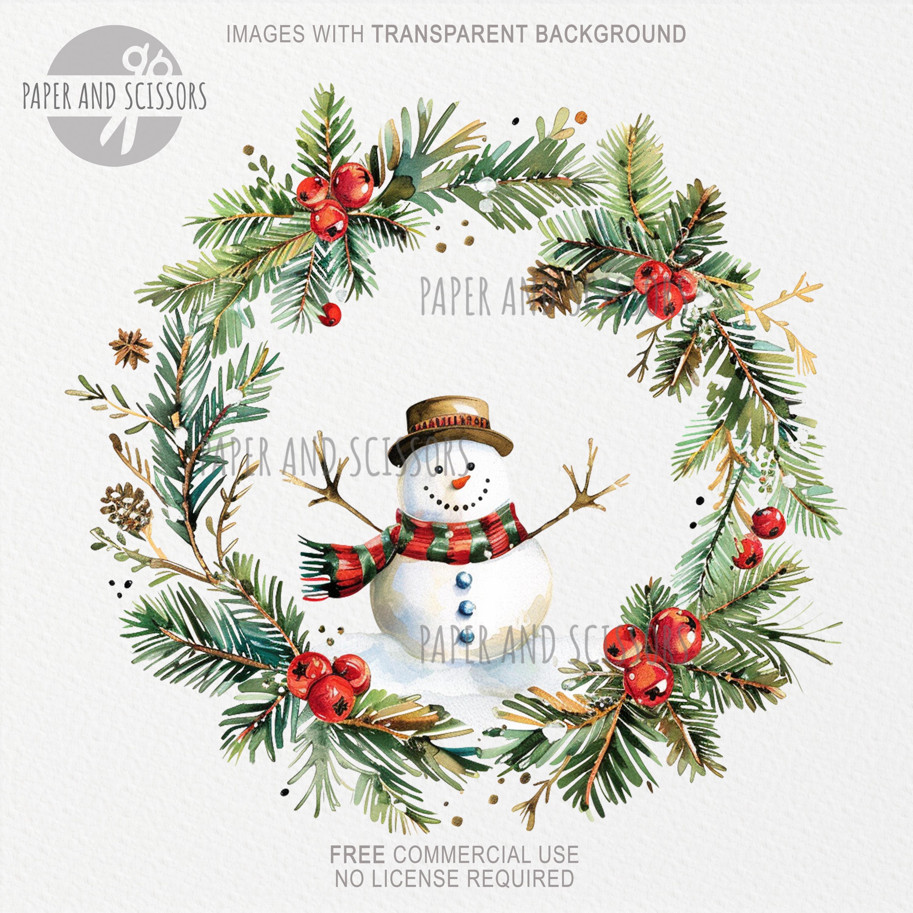 10 Snowman Wreath Cliparts, Christmas PNG, Winter Decor, Watercolor ...