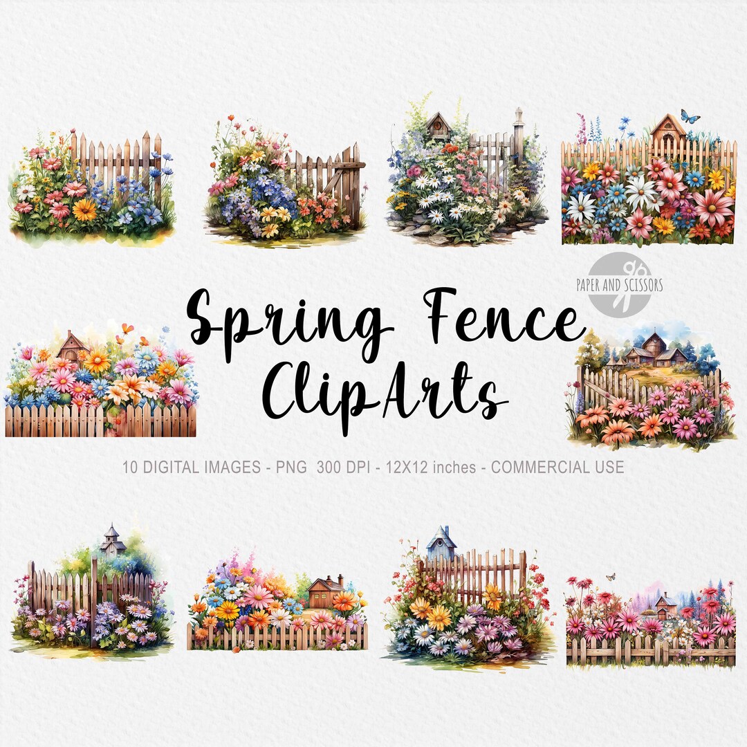 10 Spring Fence Cliparts, Fence PNG, Flowers Illustration, Watercolor ...