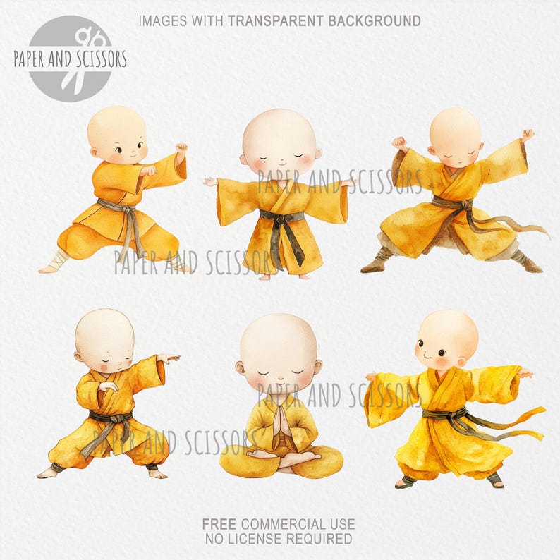 35 Cute Shaolin Monk Clipart, Little Kung Fu PNG, Watercolor Storybook ...