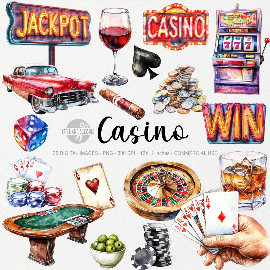Casino Clipart, Watercolor Casino PNG, Poker Clipart, Digital Download ...
