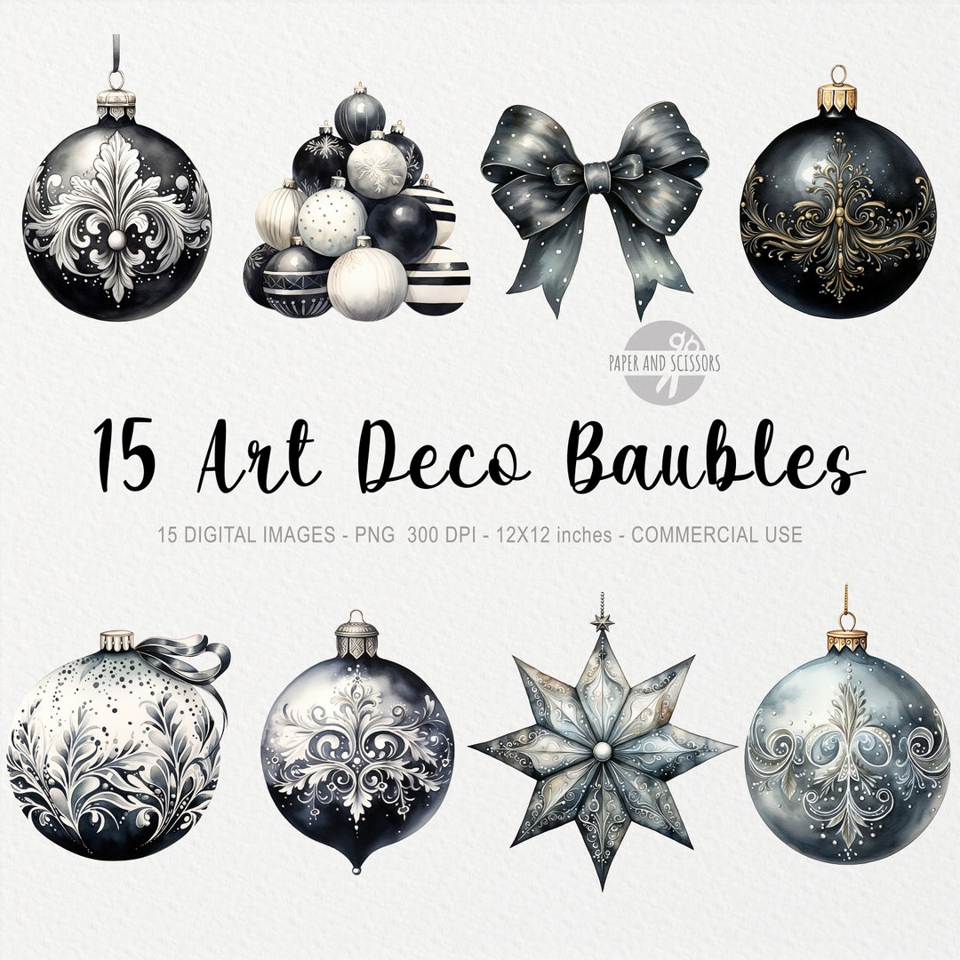 15 Christmas Art Deco Baubles, Black and White Baubles PNG, Watercolor ...