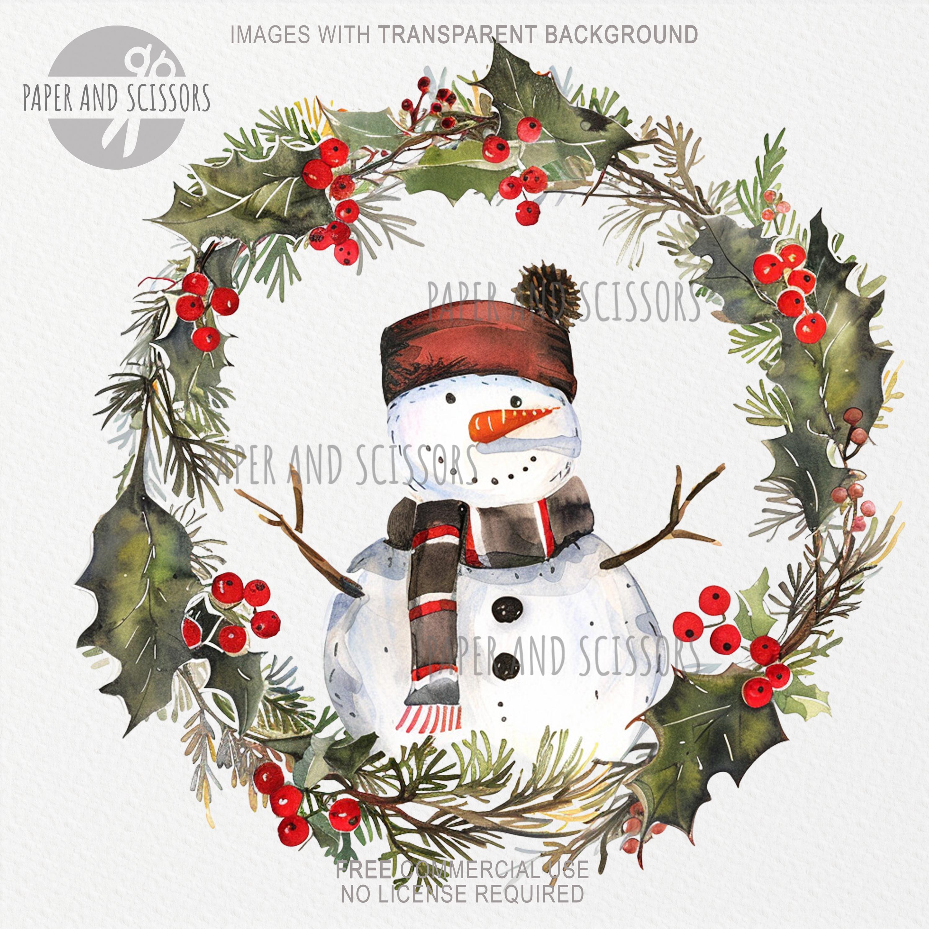 10 Snowman Wreath Cliparts, Christmas PNG, Winter Decor, Watercolor ...