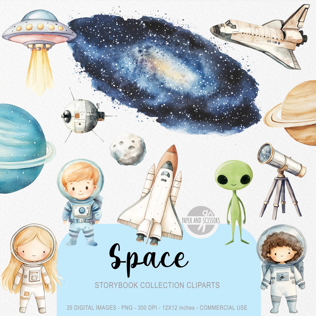 35 Cute Space Clipart, Watercolor Storybook, Night Sky Nursery, Planets ...