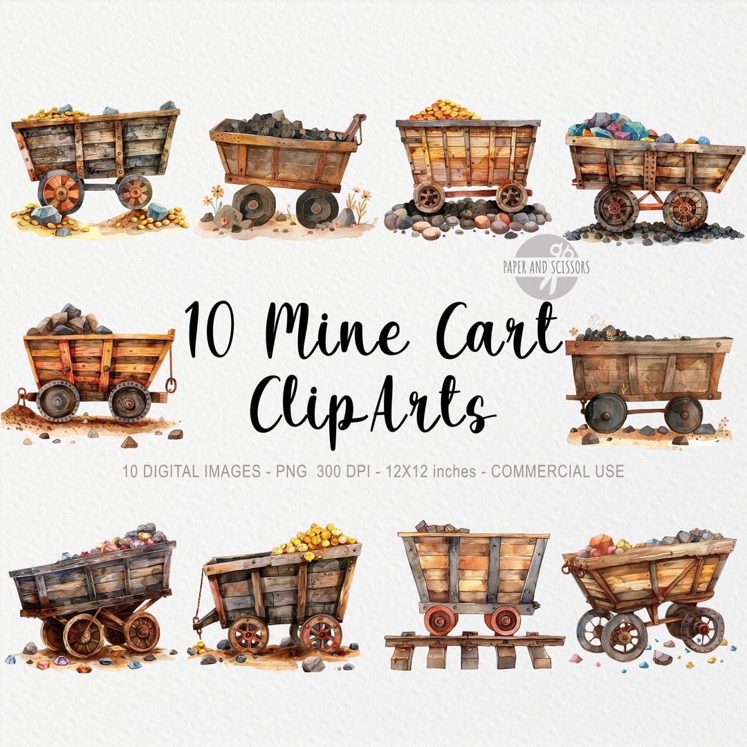 10 Mining Cart Cliparts, Mine Cart PNG, Cute Watercolor, Little Miner ...