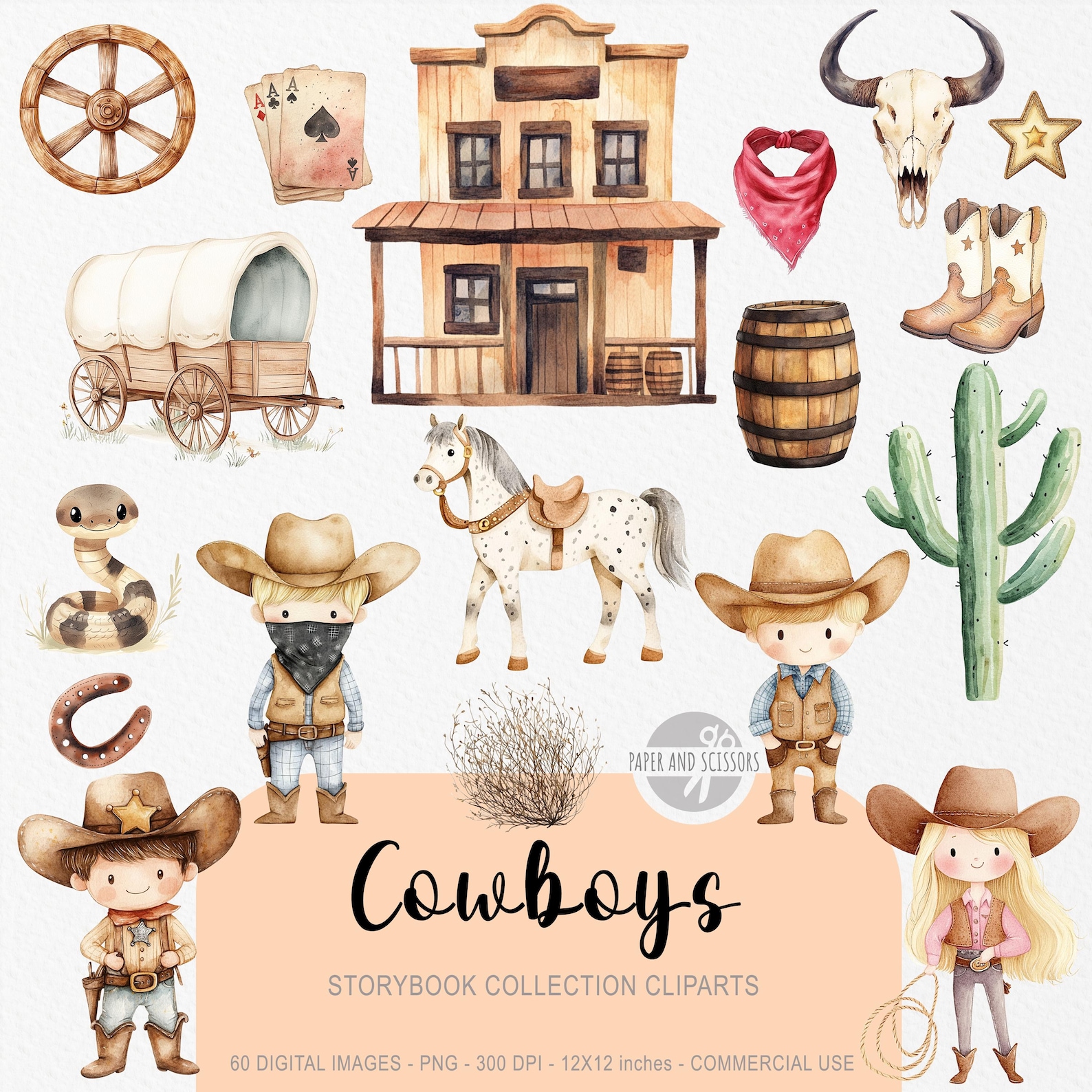 60 Cute Little Cowboys Clipart, Watercolor Storybook, Wild West Nursery ...