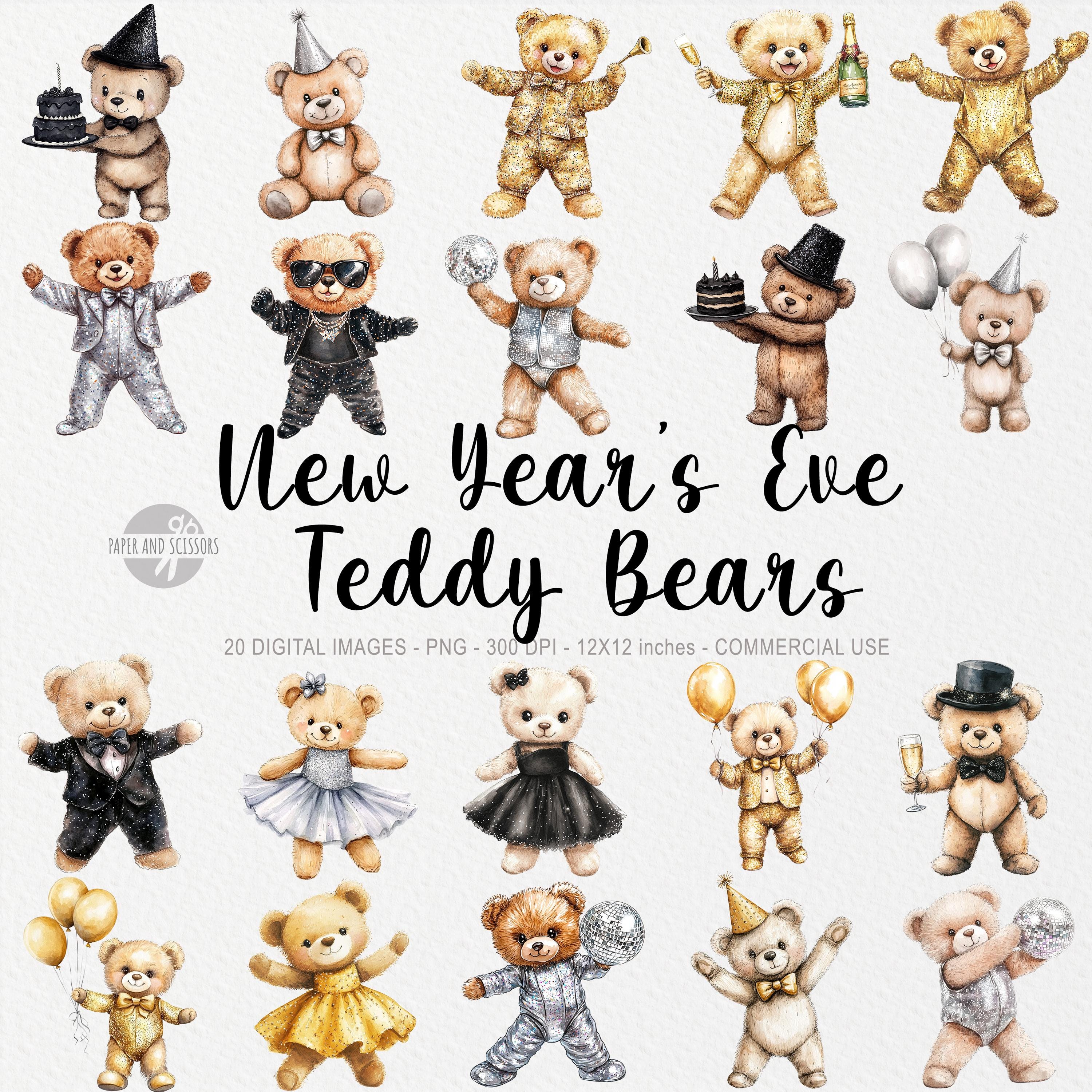 20 New Year's Eve Teddy Bear Watercolor Clipart, Holiday Teddy Bear PNG ...