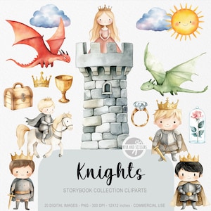 20 Cute Knight Clipart, Watercolor Kingdom Storybook, Prince Princess ...