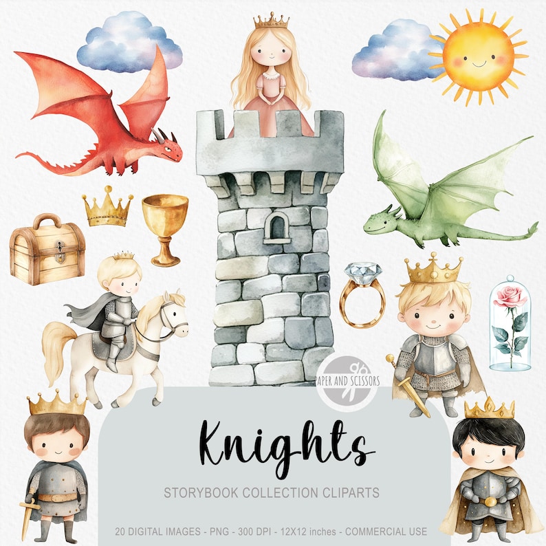 20 Cute Knight Clipart, Watercolor Kingdom Storybook, Prince Princess ...
